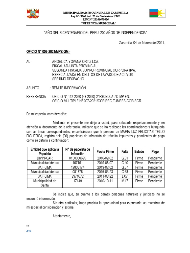 Oficio #003-2021 Remite Informacion Sobre Papeletas de Maria Luz Felicitas Tello Figueroa | PDF