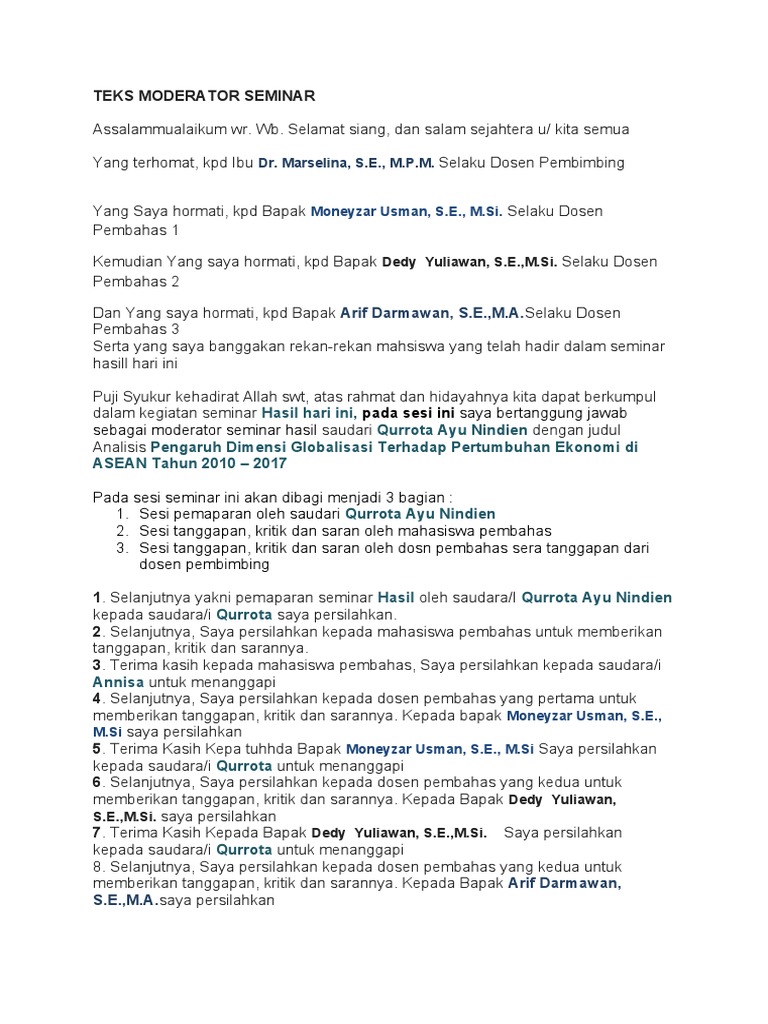 Teks Moderator Seminar Hasil | PDF