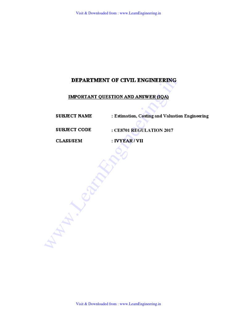 CE8701 Estimation & Costing Guide | PDF | Depreciation | Real Estate Appraisal