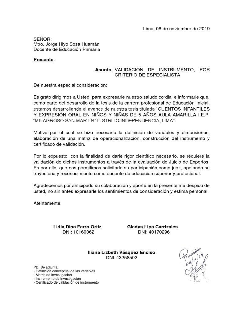 Mtro. Jorge Sosa - Carta de Validacion - Juicio de Expertos | PDF ...