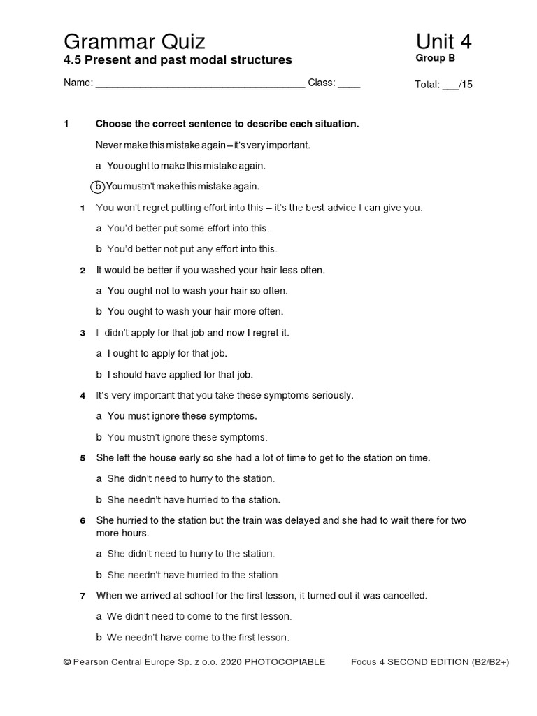 Focus4 2E Grammar Quiz Unit4.5 GroupB 1kol | PDF