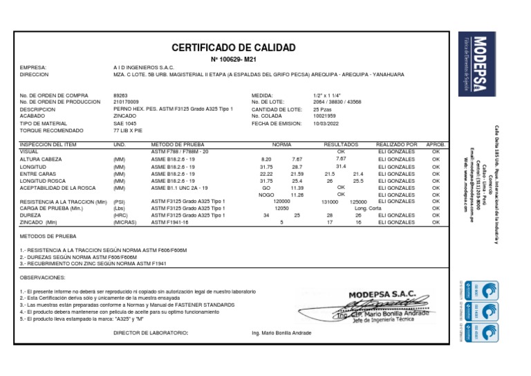 Certificado de Calidad de Pernos | PDF