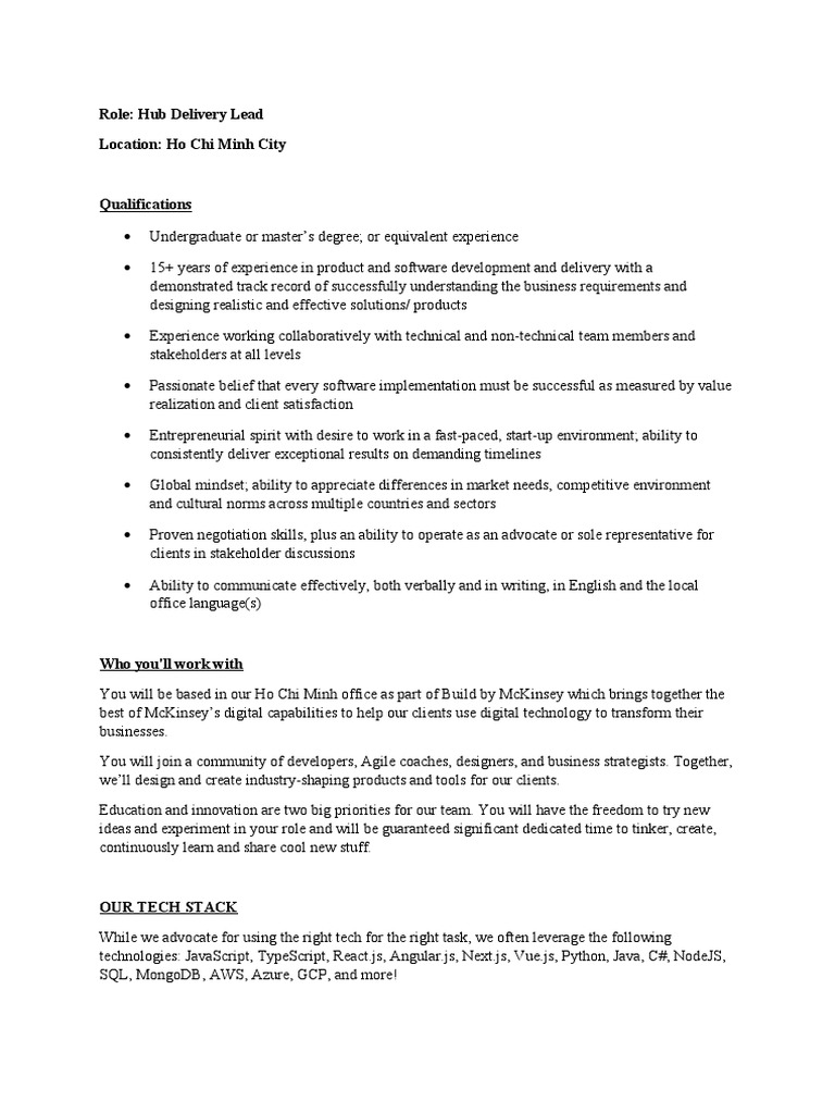 Hub Lead JD | PDF | Agile Software Development | Computing