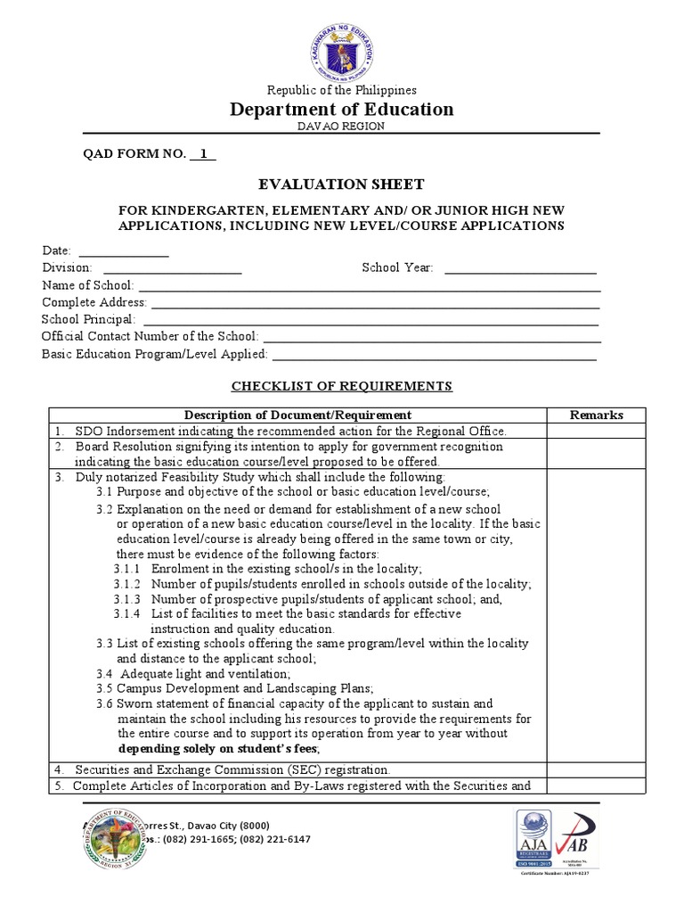 QAD Evaluation Sheet for School Applications | PDF | Teachers