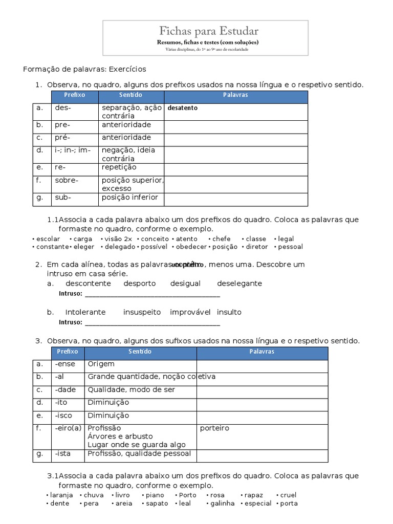 Ficha Portugues 8 Ano Formacao de Palavras | PDF