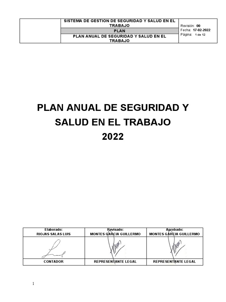 Plan Anual de Seguridad y Salud en El Trabajo 2022 - GUILLERMO | PDF | Riesgo | Seguridad y ...