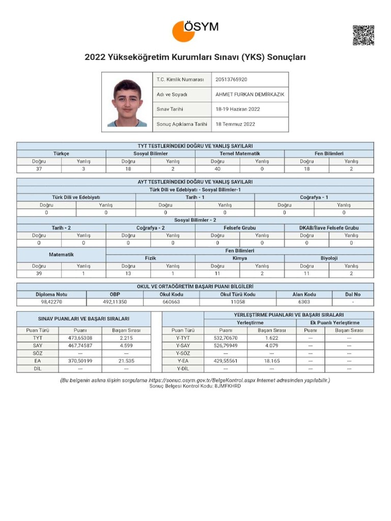 YKS Sonuç Ve Yerleştirme Belgesi | PDF