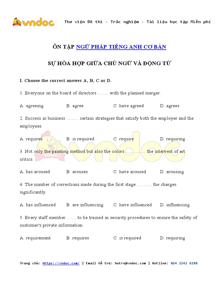 Bai Tap Ve Su Hoa Hop Giua Chu Ngu Va Dong Tu Trong Tieng Anh | PDF