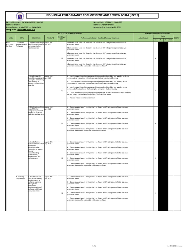 2022 2023 Ipcrf Target Cacho Diayanara | PDF | Learning | Teaching Method