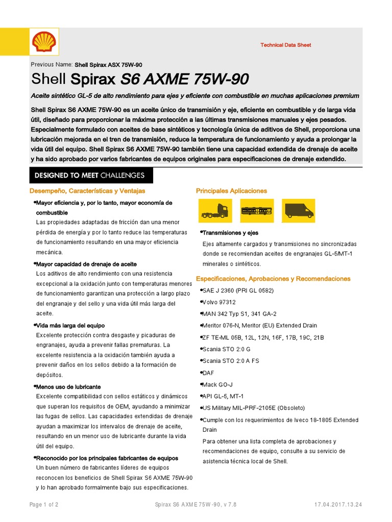 Shell Spirax s6 Axme 75w90 Tds | PDF | Engranaje | Lubricante