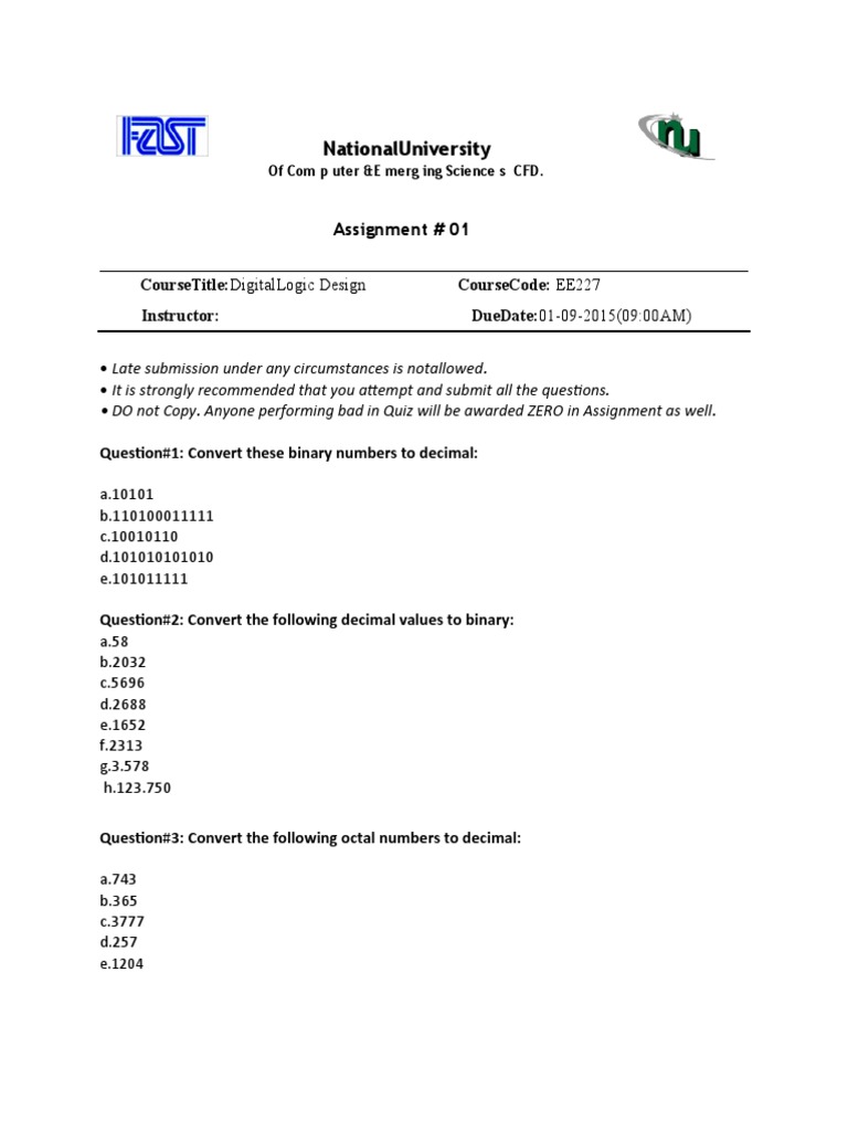 Digital Logic Design Assignment: Converting Between Binary, Decimal, and Octal Number Bases | PDF