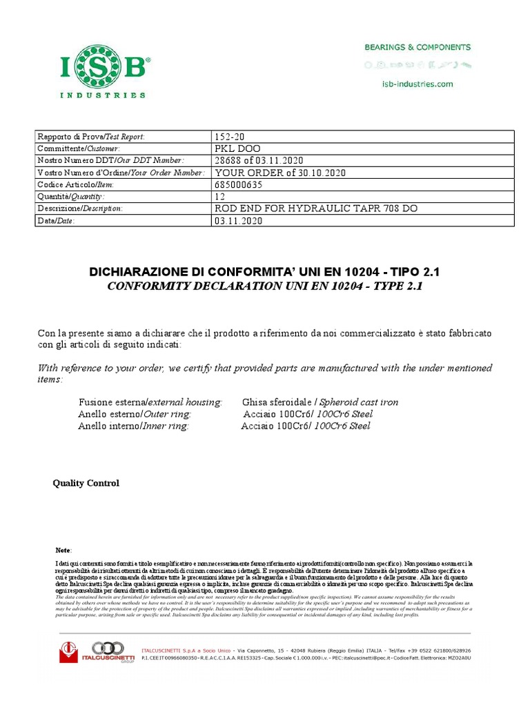 Dichiarazione Di Conformita' Uni en 10204 - Tipo 2.1 Conformity Declaration Uni en 10204 - Type ...