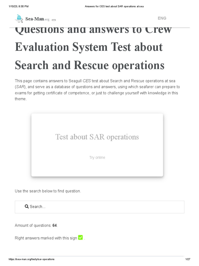 Answers For CES Test About SAR Operations at Sea | PDF | Search And ...
