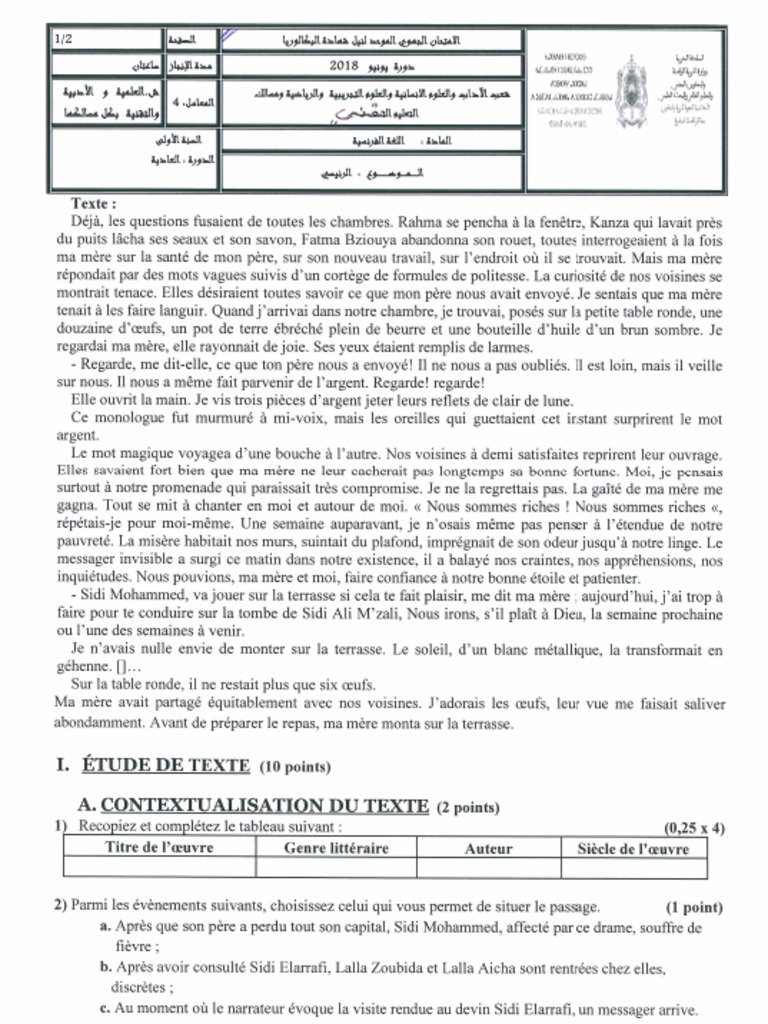 Exam Corr Regional Francais 1bac Rabat 2018 | PDF