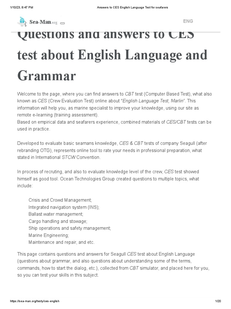 Answers To CES English Language Test For Seafarers | PDF | Educational ...