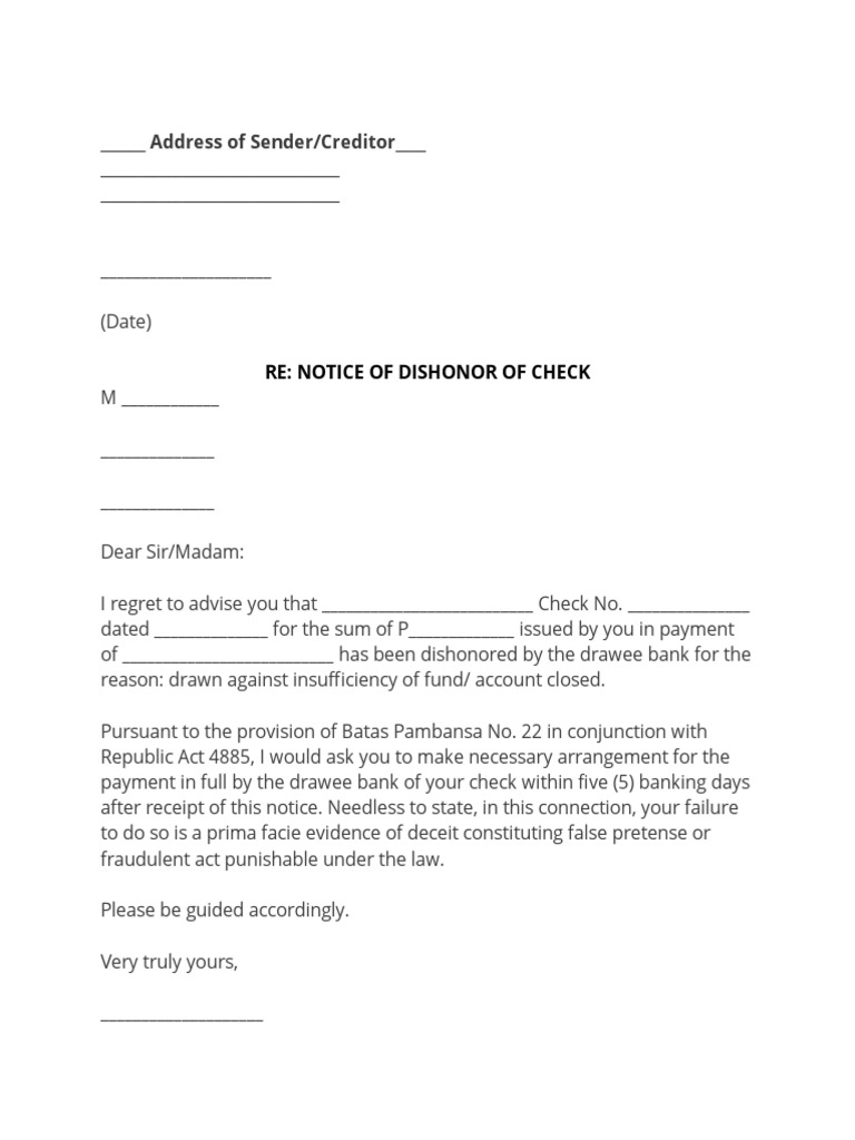 Notice of Dishonor for Bounced Check | PDF | Finance & Money Management
