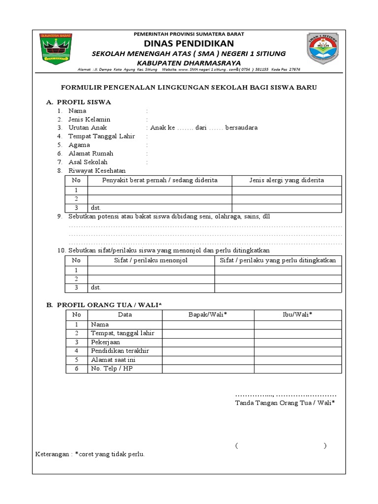 Formulir Pengenalan Lingkungan Sekolah Bagi Siswa Baru | PDF