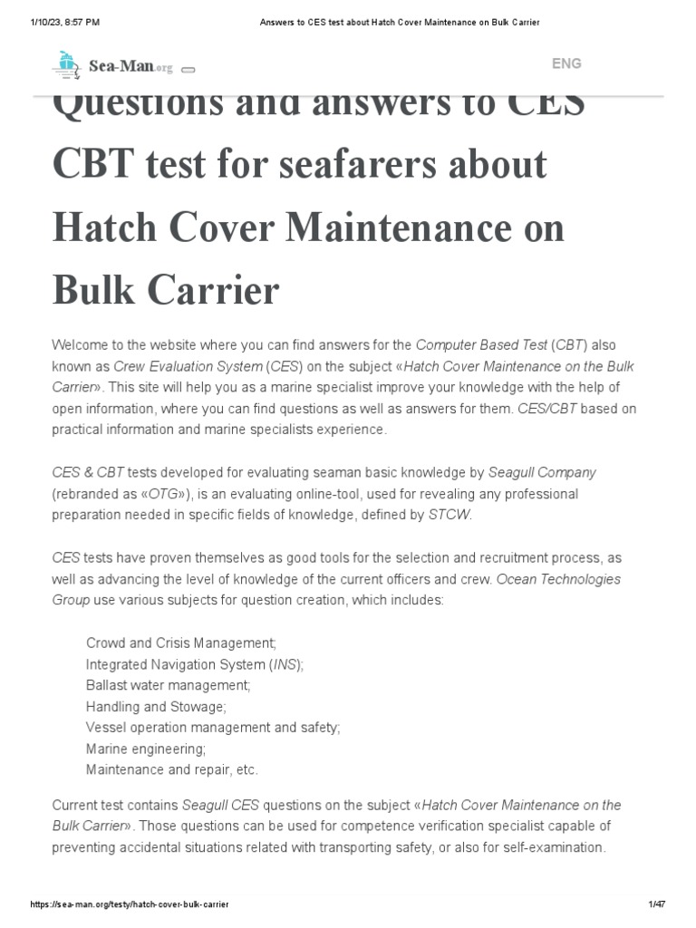 Answers To CES Test About Hatch Cover Maintenance On Bulk Carrier | PDF ...
