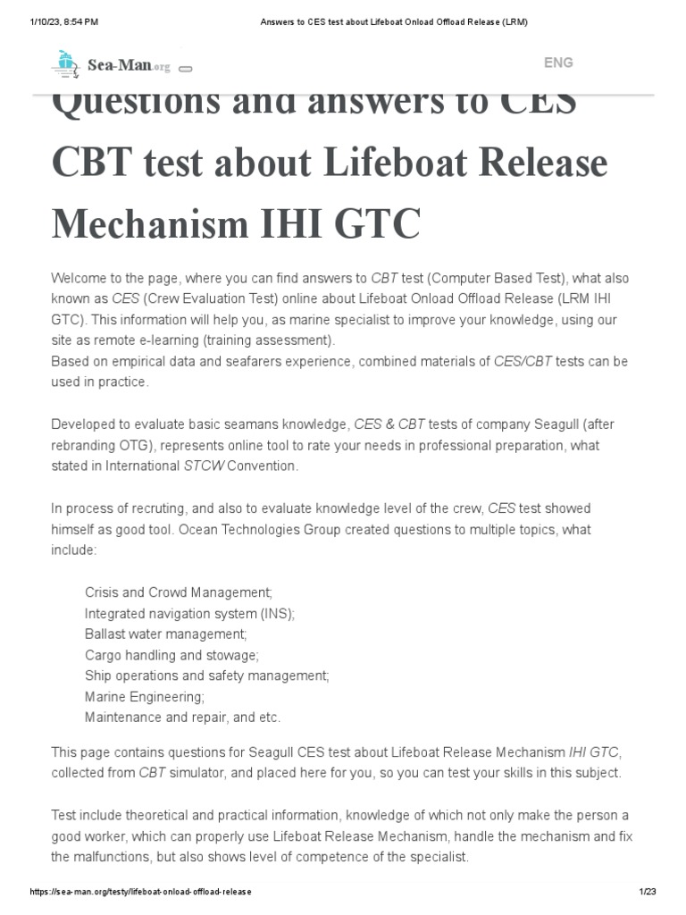 Answers To CES Test About Lifeboat Onload Offload Release (LRM ...