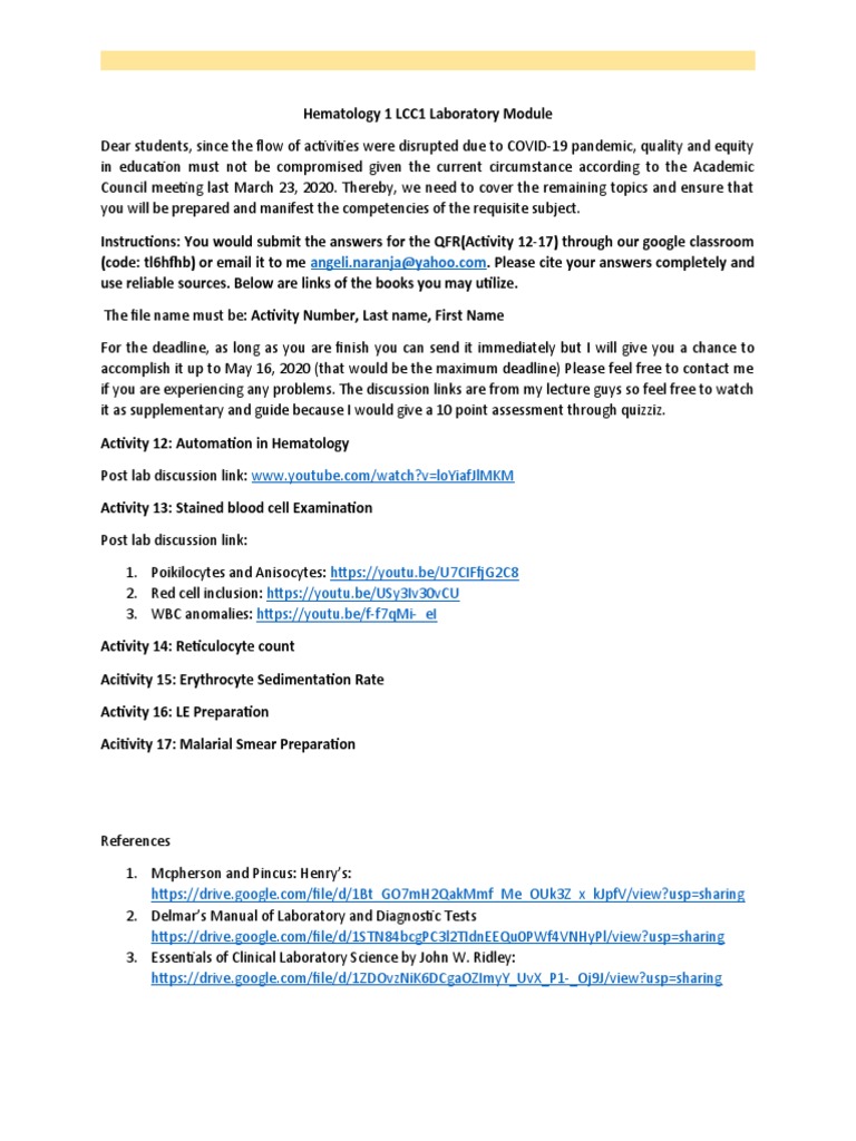 Hematology 1 Laboratory Module | PDF
