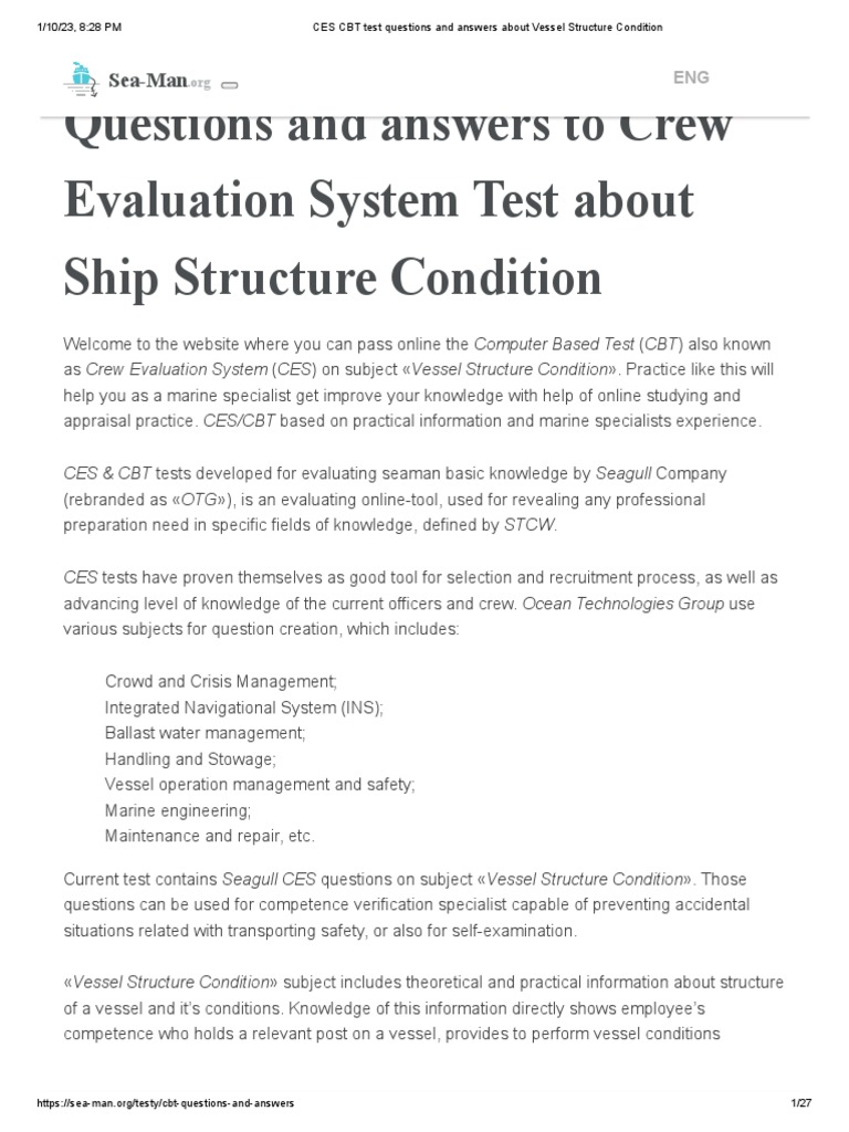 CES CBT Test Questions and Answers About Vessel Structure Condition ...