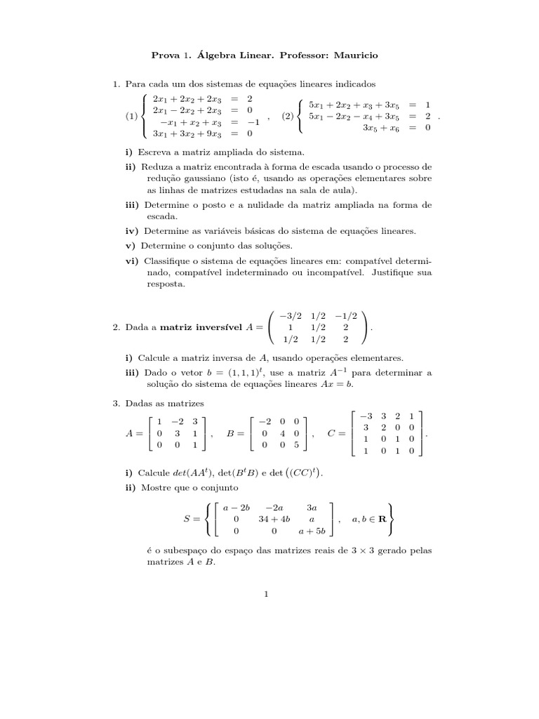 Exercícios de Álgebra Linear e Matrizes | PDF | Sistema de equações ...