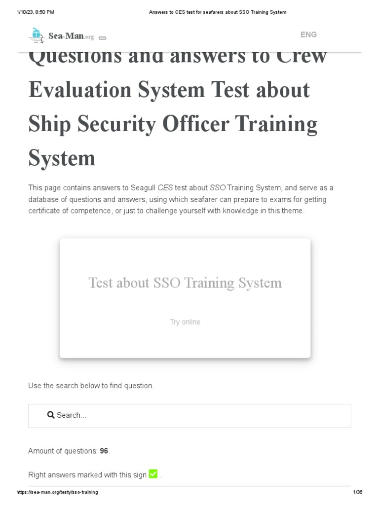 Answers To CES Test For Seafarers About SSO Training System | PDF ...