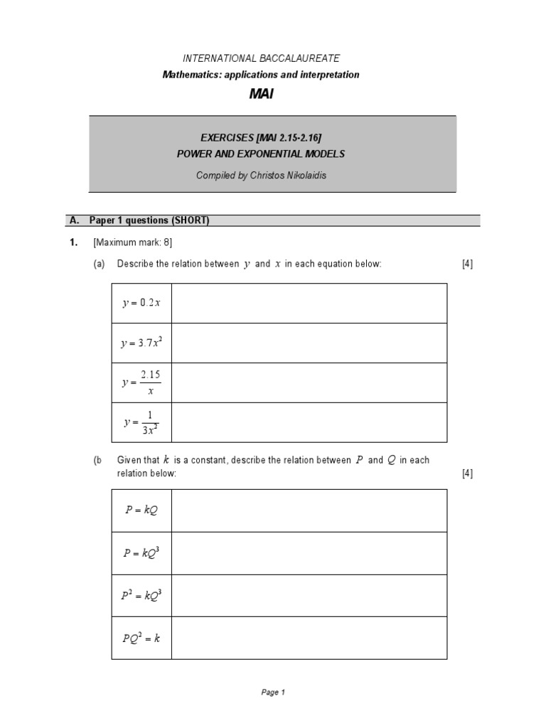 Power and Exponential Models in IB Math | PDF
