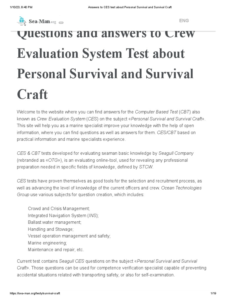 Answers To CES Test About Personal Survival and Survival Craft | PDF ...