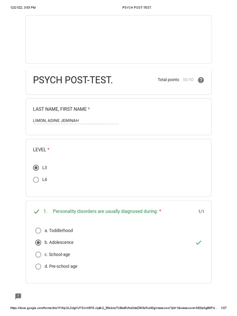 PSYCH-POST-TEST | PDF | Personality Disorder | Major Depressive Disorder
