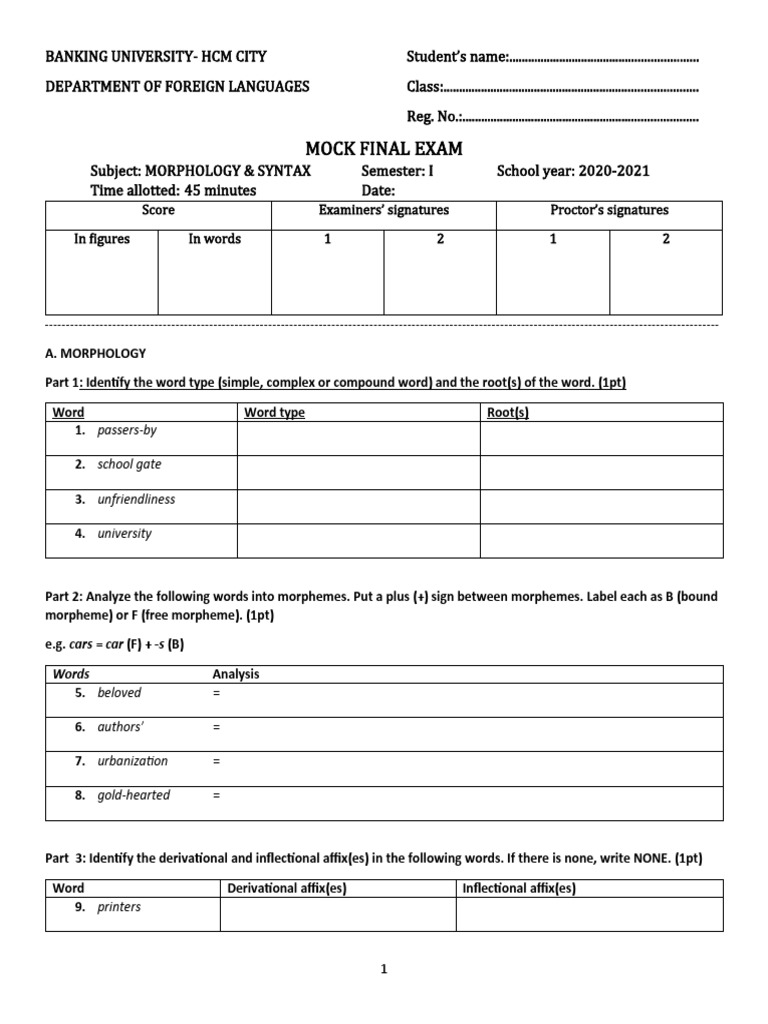 Morpho-Syntax MOCK Final | PDF | Word | Morphology (Linguistics)