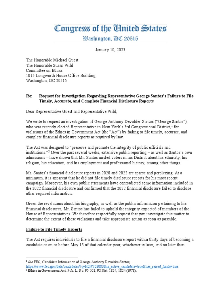 Request For Investigation Regarding Representative George Santos's ...