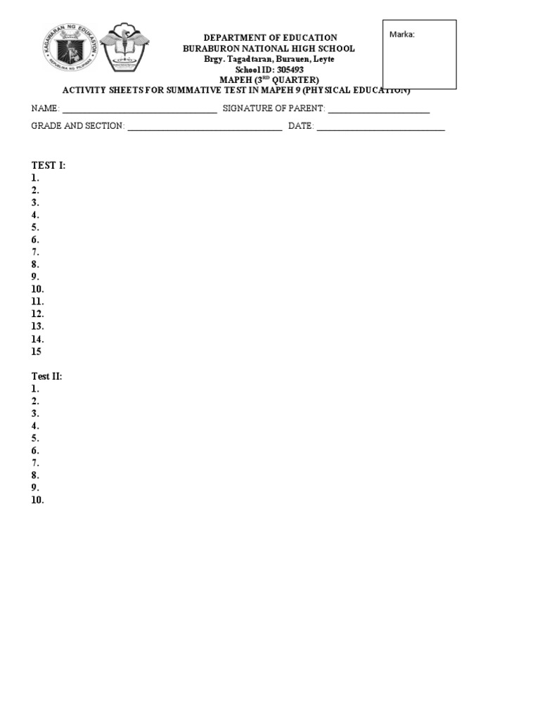 MAPEH 9 Summative Test Sheets | PDF | First Aid | Stroke