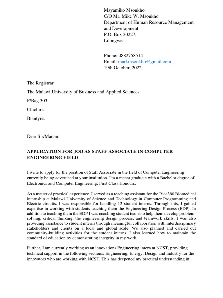 Application For Staff Associate Position in The Field of Computer ...