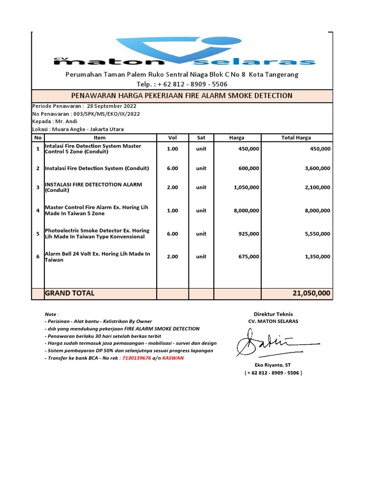 Penawaran Harga Instalasi Fire Alarm | PDF | Teknologi & Rekayasa