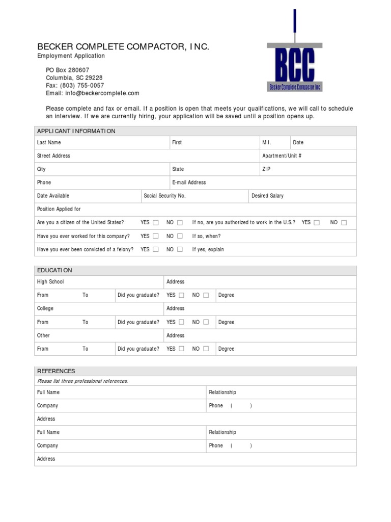 Becker Complete Compactor, Inc.: Applicant Information | PDF | Career ...