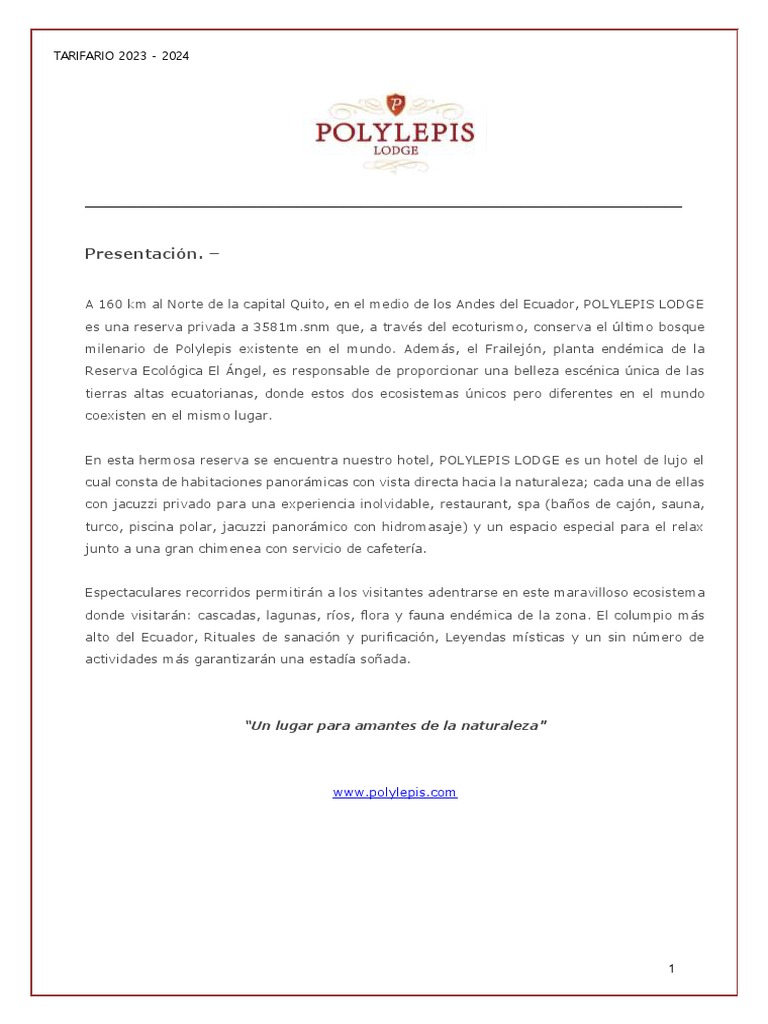 Tarifario 2023 - 2024 Polylepis Lodge | PDF | Masaje