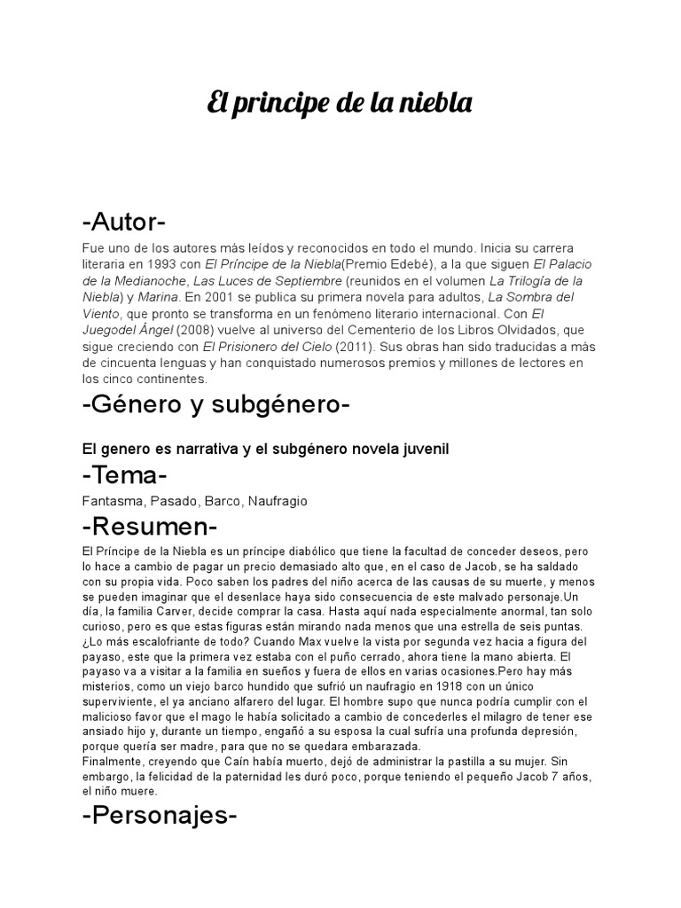 Ficha de El Principe de La Niebla | PDF | Libros para adolescentes