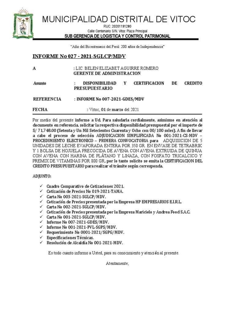 Informe #027 Certificacion para PVL | PDF