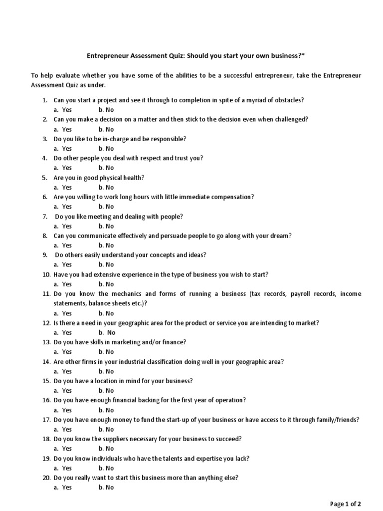 Entrepreneur Assessment Quiz | PDF | Entrepreneurship | Economies