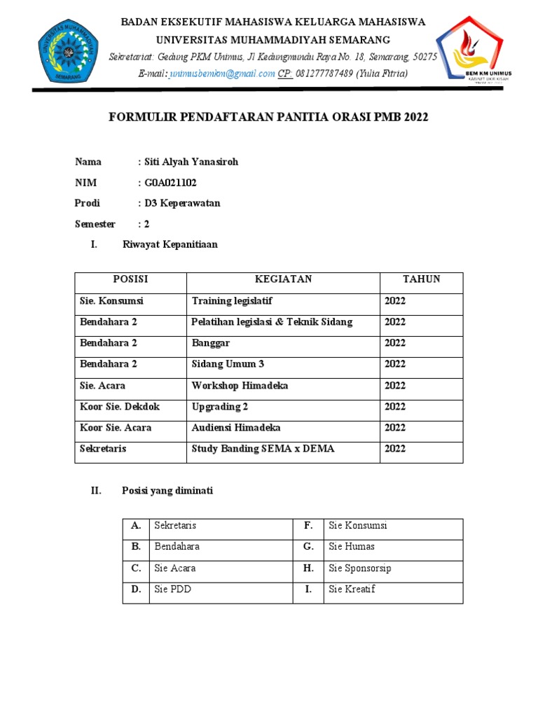 Formulir Pendaftaran Panitia Orasi PMB 2022 Ayeee | PDF