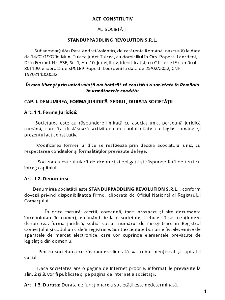 Act Constitutiv Asociat Unic - MODEL | PDF