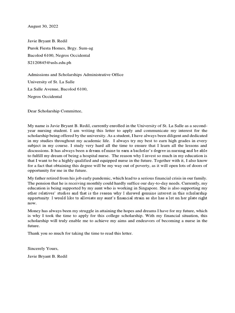 Nursing Scholarship Application Letter | PDF | Wellness