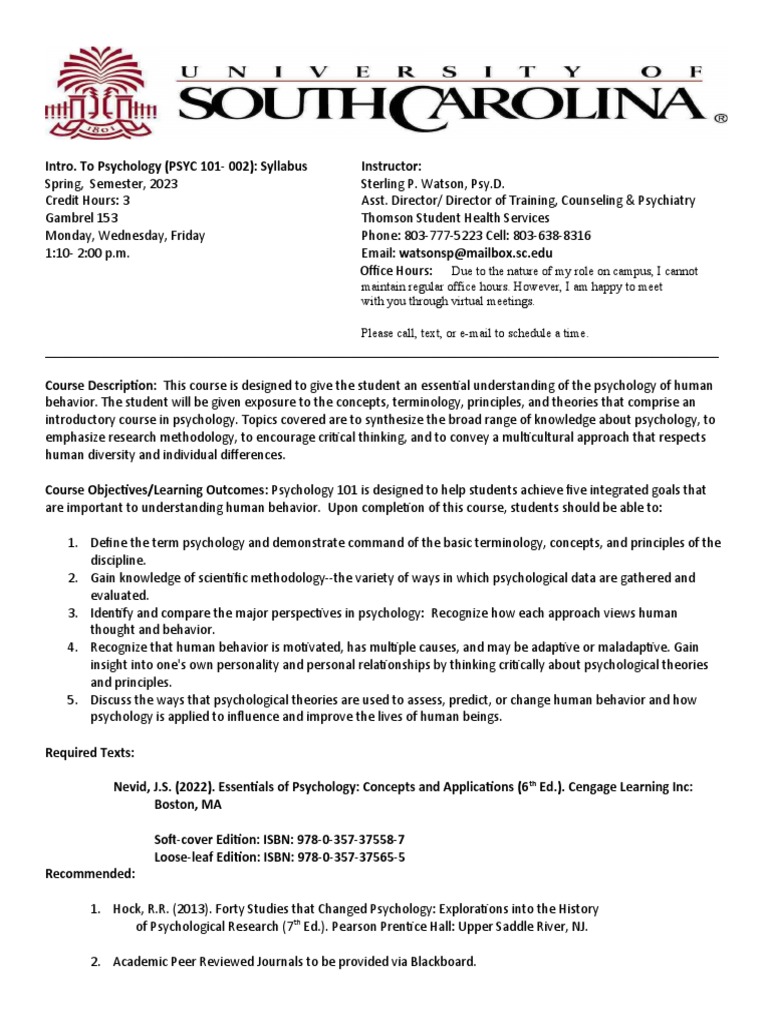 Intro to Psych (PSYC 101): Syllabus & Course Info | PDF | Psychology ...