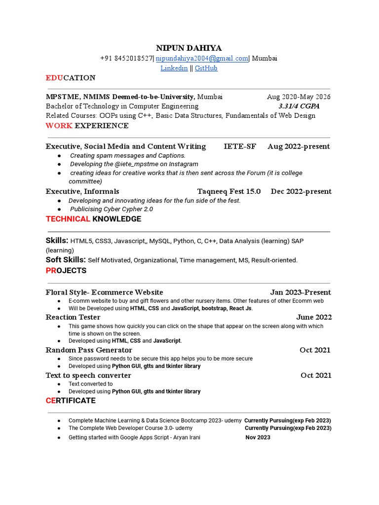 Nipun Resume Resume - 4jan | PDF | World Wide Web | Internet & Web