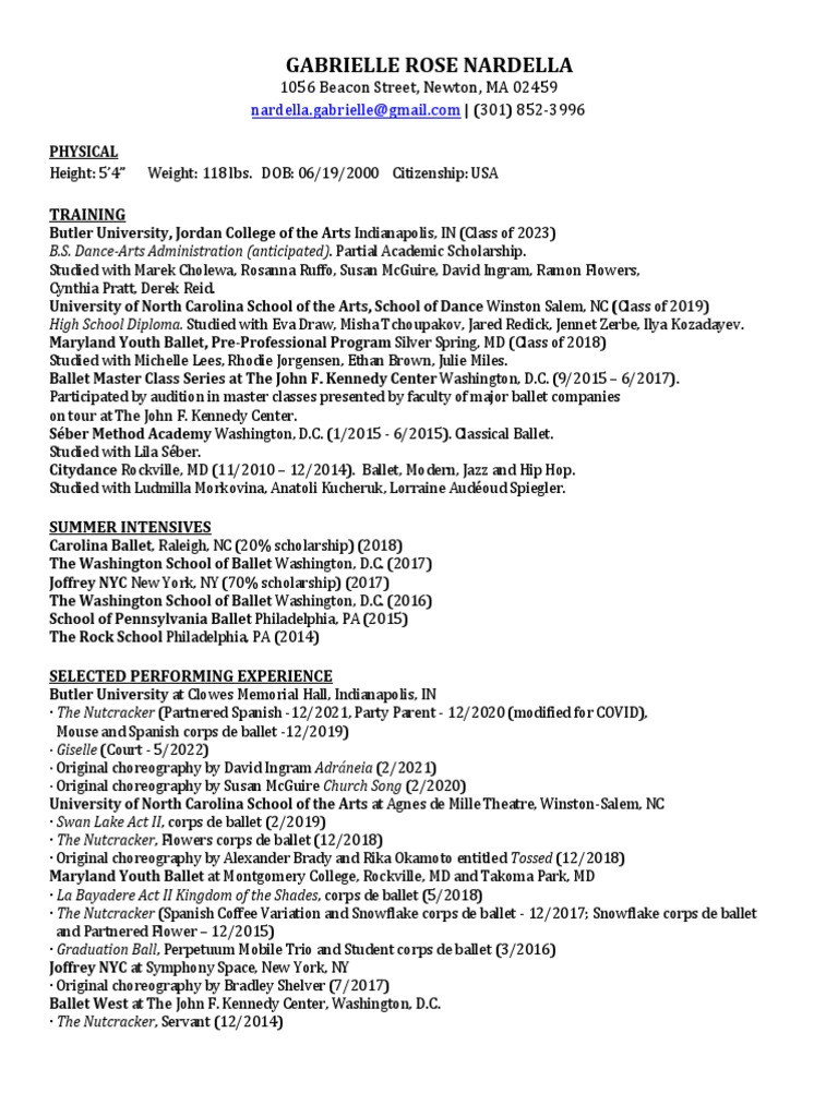 Gabrielle Nardella Resume | PDF | Ballet | Dances