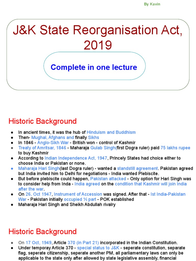 J&K State Reorganisation Act, 2019: Complete in One Lecture | PDF ...