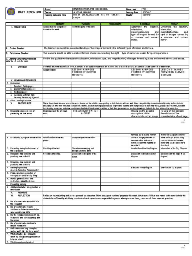 DLL Science 10 Q2 W3 | PDF | Learning | Mirror