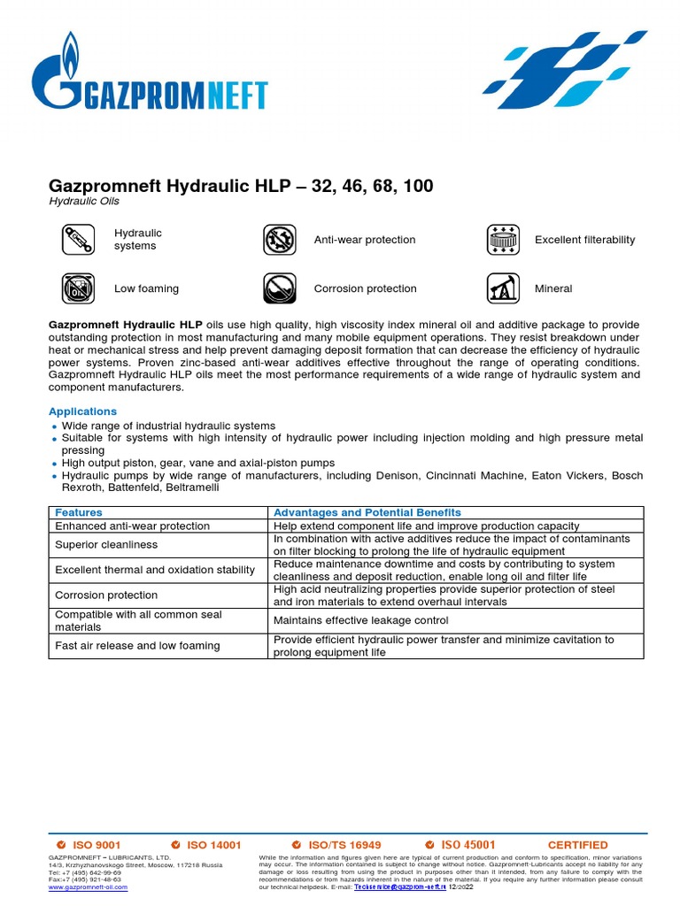 Gazpromneft Hydraulic HLP Oil Overview | PDF | Chemistry | Applied And ...