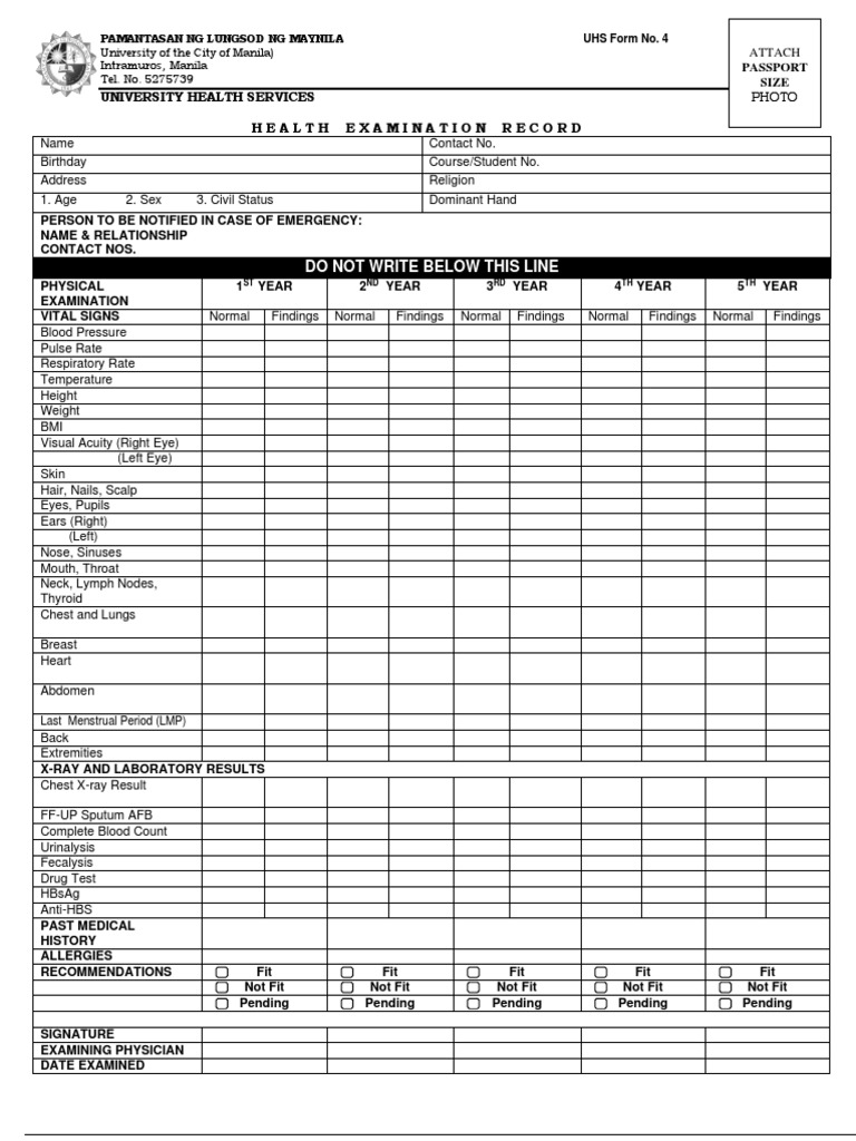UHS Health Examination Record Form 4 | PDF | Vaccines | Pneumonia